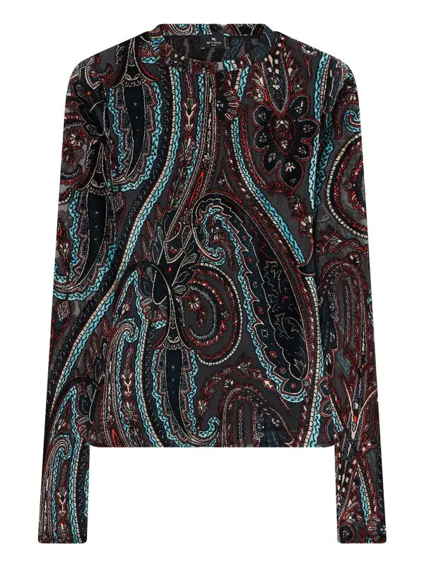 Etro Printed Velvet-trimmed Mesh Blouse - Blue
