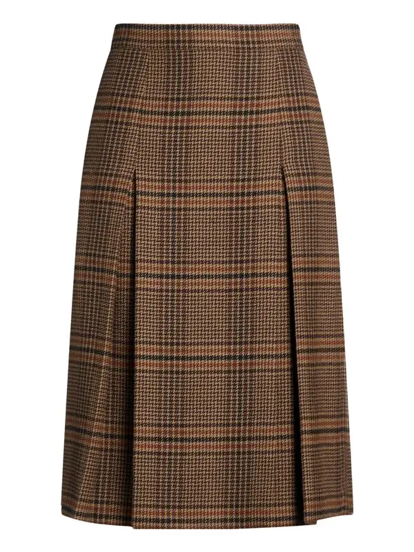 Saint Laurent Plaid Wool Aline Full Skirt - Brown