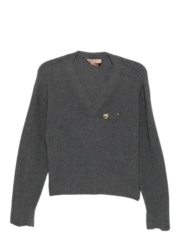 TWINSET Ribbed-knit V-neck Sweater - Grey