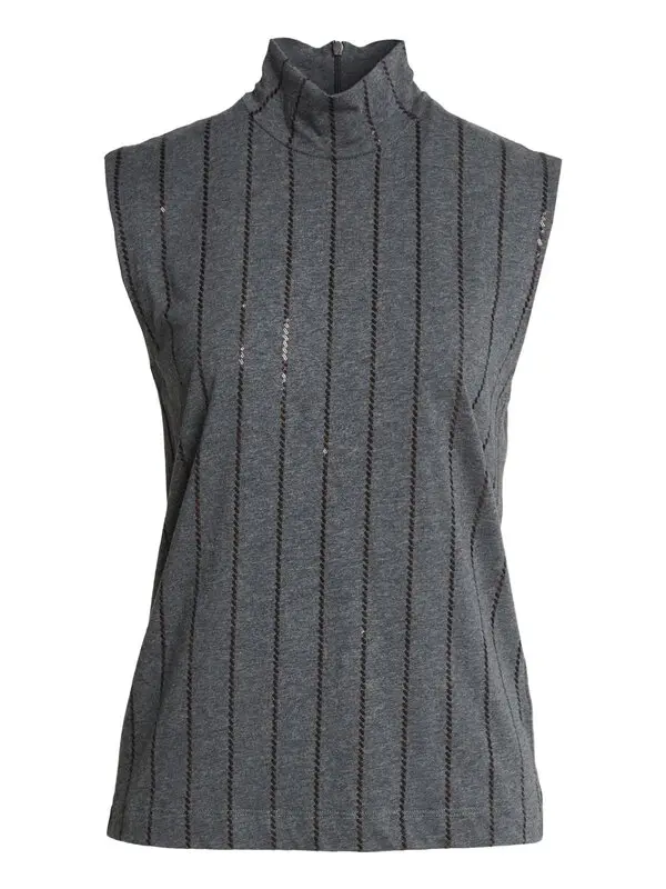 Brunello Cucinelli Striped Sleeveless Turtleneck Tshirt - Grey