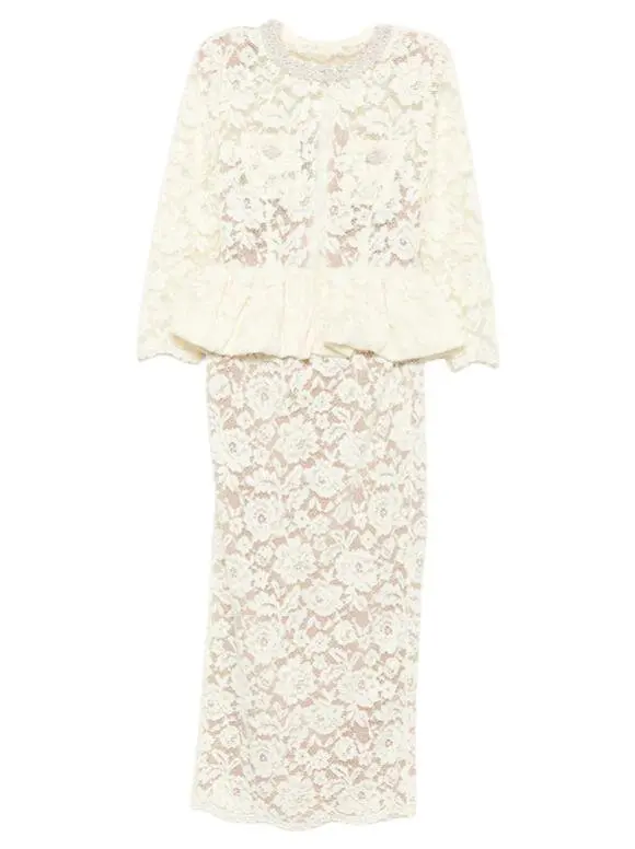 SELF-PORTRAIT Lace Peplum Midi Dress - Yellow