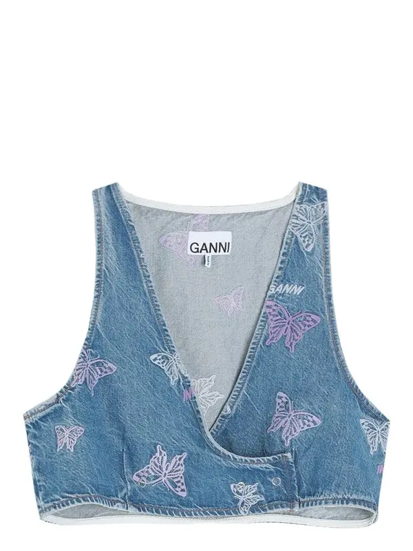 GANNI Sleeveless Denim Cropped Top - Blue