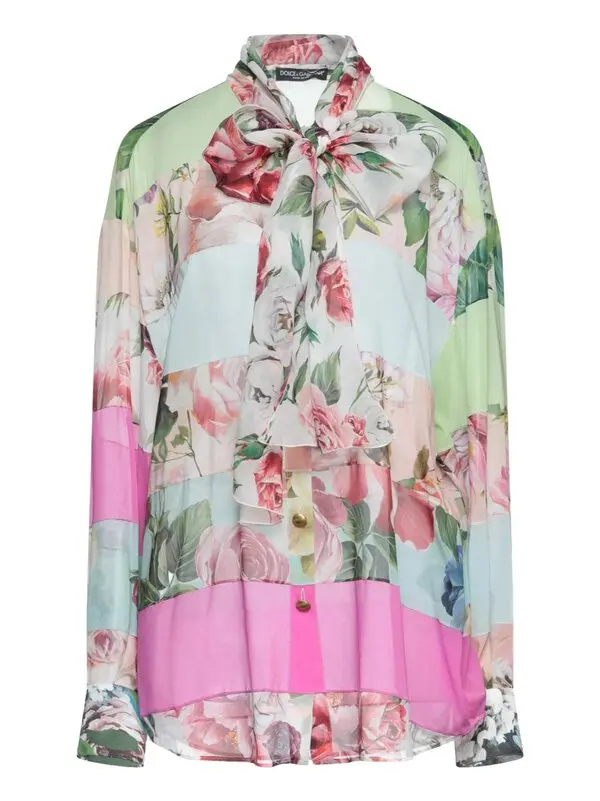 Dolce & Gabbana Floral Print Bow Blouse - Green