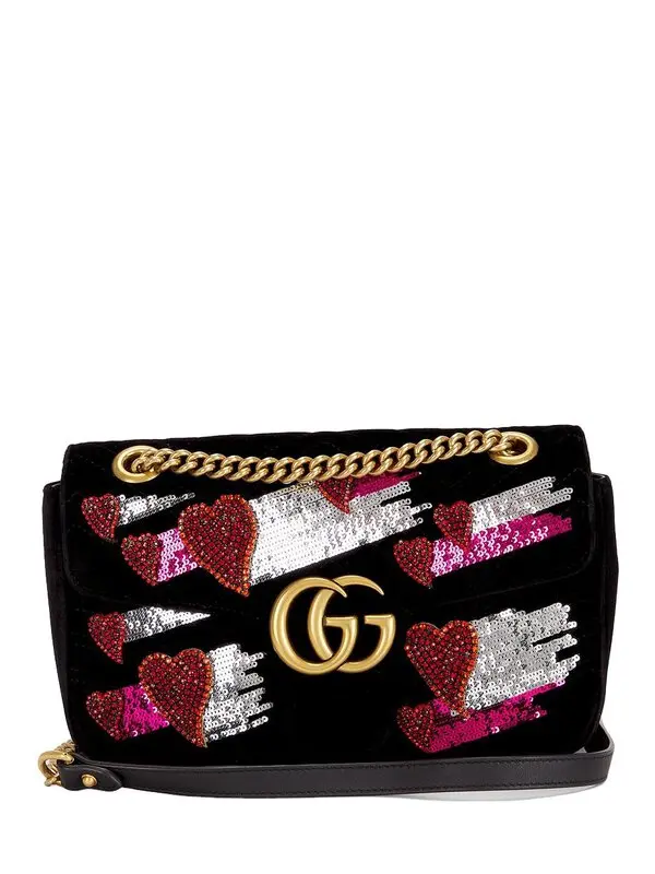Gucci Embellished Velvet Gg Marmont Shoulder Bag - Black