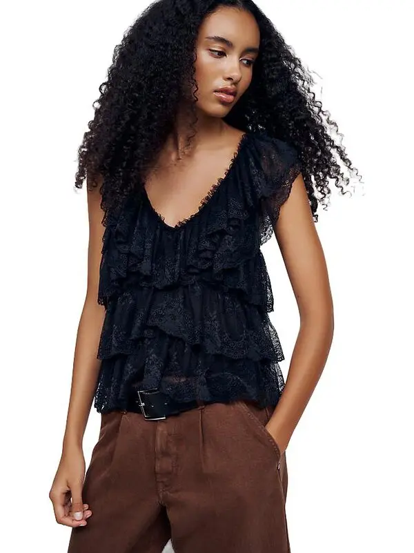 Anthropologie Tiered Lace Top - Black