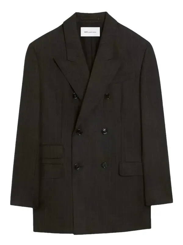 AMI Paris Double-breasted Striped Wool Blazer - Grey