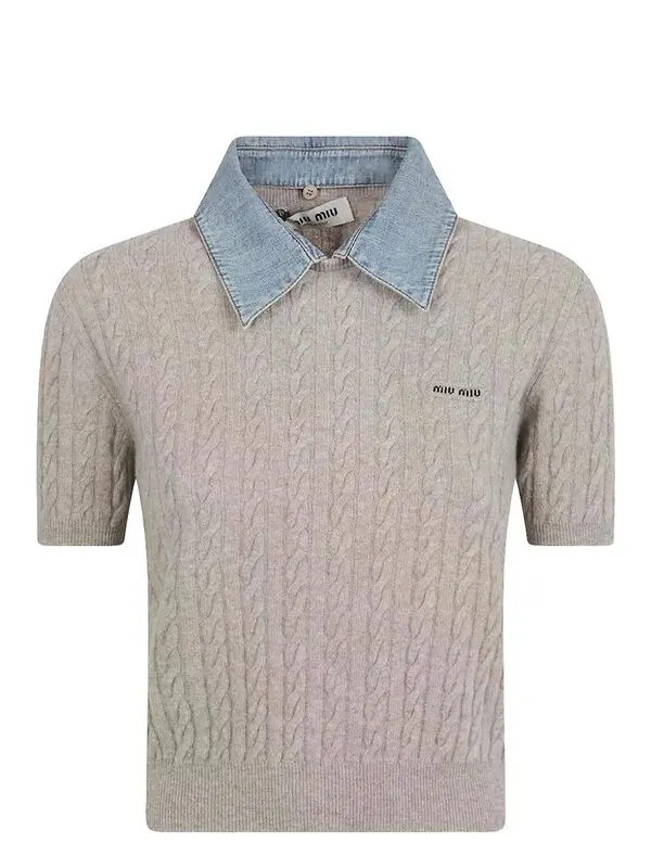 Miu Miu Cable-knit Denim-collar Sweater - Neutrals