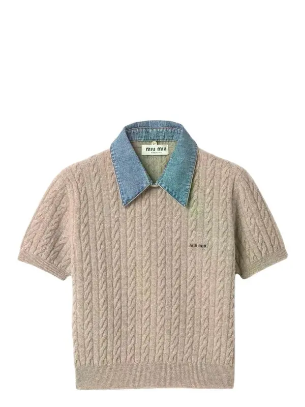 Miu Miu Cable-knit Denim-collar Sweater - Neutrals