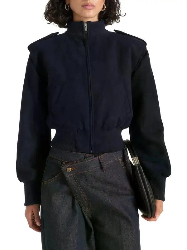 Manière De Voir Delfina In Navy Suede Layered-shoulder Cropped Bomber Jacket - Blue
