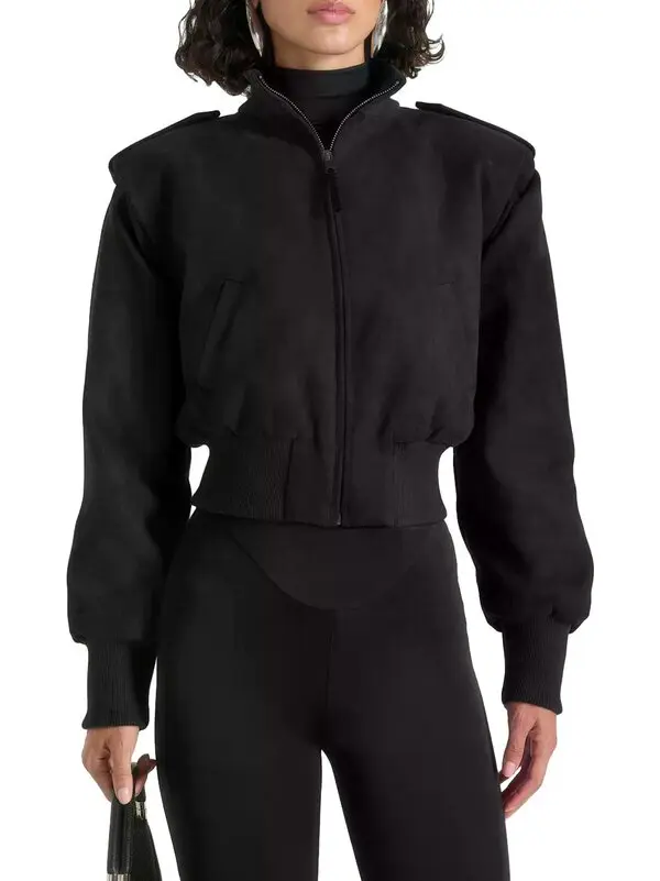 Manière De Voir Delfina In Suede Layered-shoulder Cropped Bomber Jacket - Black