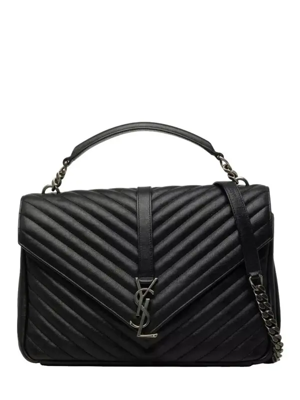 Saint Laurent 2015 Large Chevron Sheepskin Monogram College Bag Satchel - Black