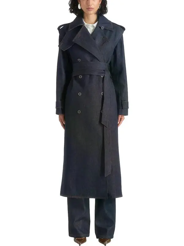 Manière De Voir Esther In Indigo Denim Trench Coat With Double Belt - Blue