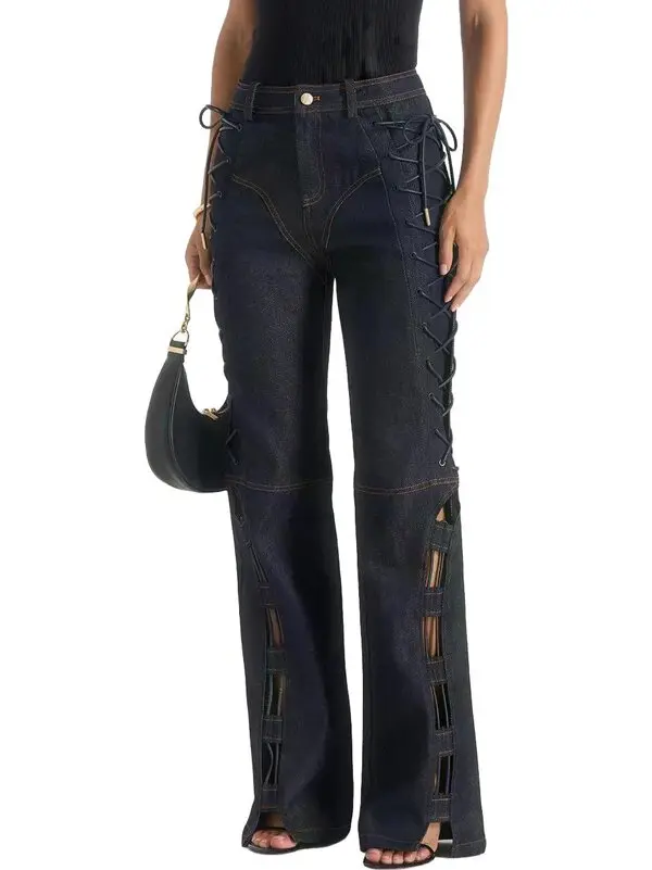 Manière De Voir Ambre In Indigo Denim Lace-up Flared Jeans - Blue