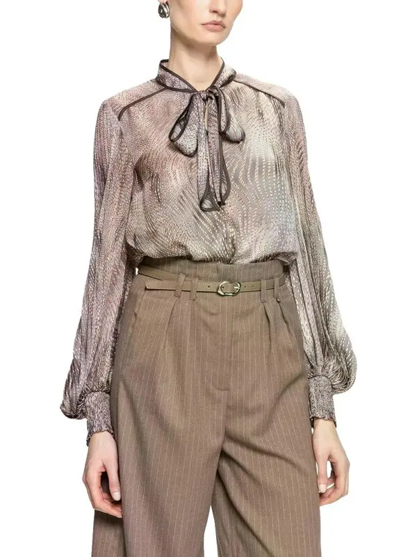 NISSA Printed Bow-neck Chiffon Top - Brown
