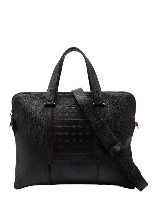 FERRAGAMO Gancini Embossed Leather Business Bag - Black