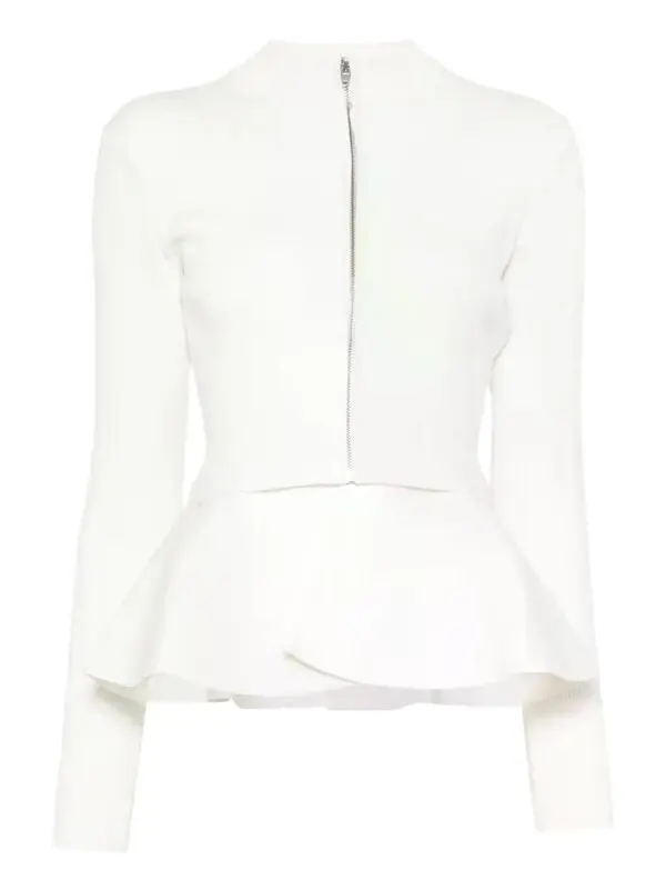 JUUN.J Ribbed Knit Peplum Zip-up Cardigan - Neutrals