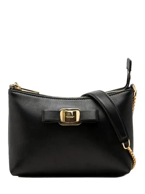 FERRAGAMO 2010-2026 Mini Leather Vara Bow Chain Crossbody Bag - Black