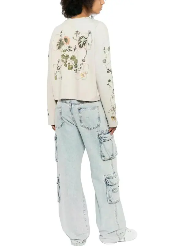 Off-White Floral Print Embroidered Long Sleeve T-shirt - Neutrals