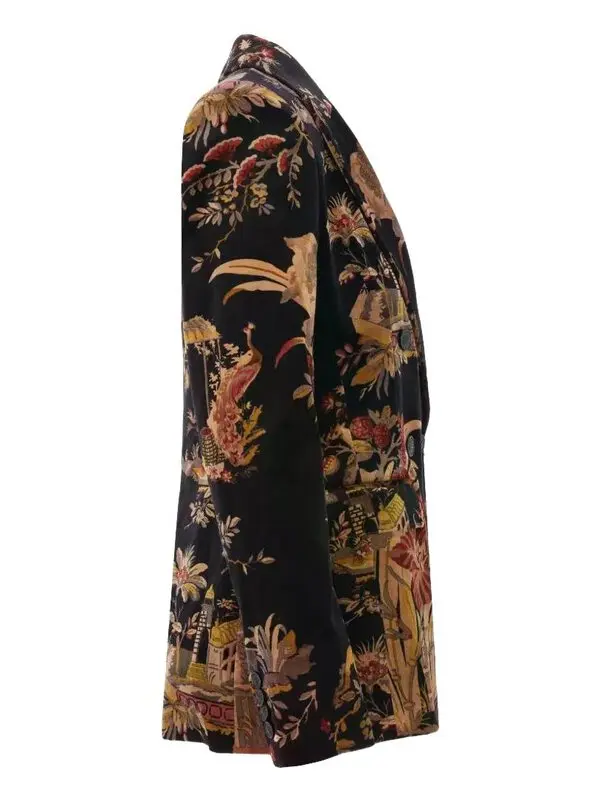 Etro Double-breasted Cotton-velvet Jacket With Flower And Animal Overprint - Black
