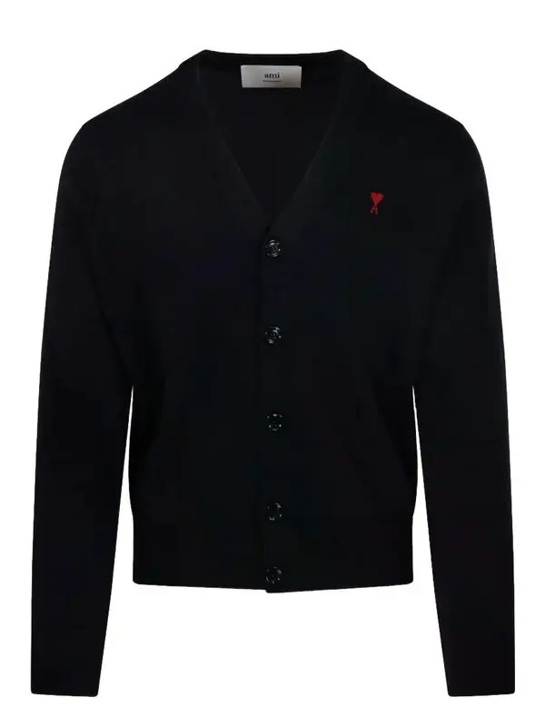 AMI Paris V-neck Wool Cardigan With De Coeur - Black