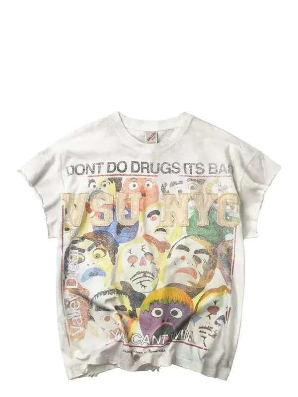 VALE FOREVER Graphic-print Cropped-sleeves Distressed T-shirt - Neutrals