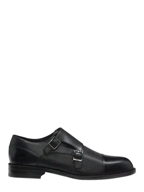BOSS Double Monk Shoes In Leather With Perforated Detail - Black
