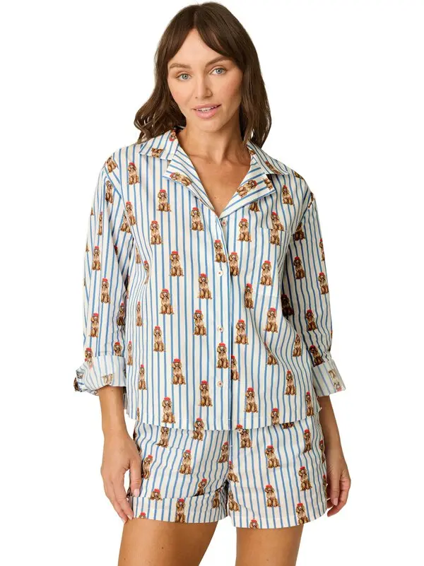 PJ Salvage Super-soft Cotton Afterparty Poplin Stripe & Poodle Print Long Sleeve Top - Deep Navy