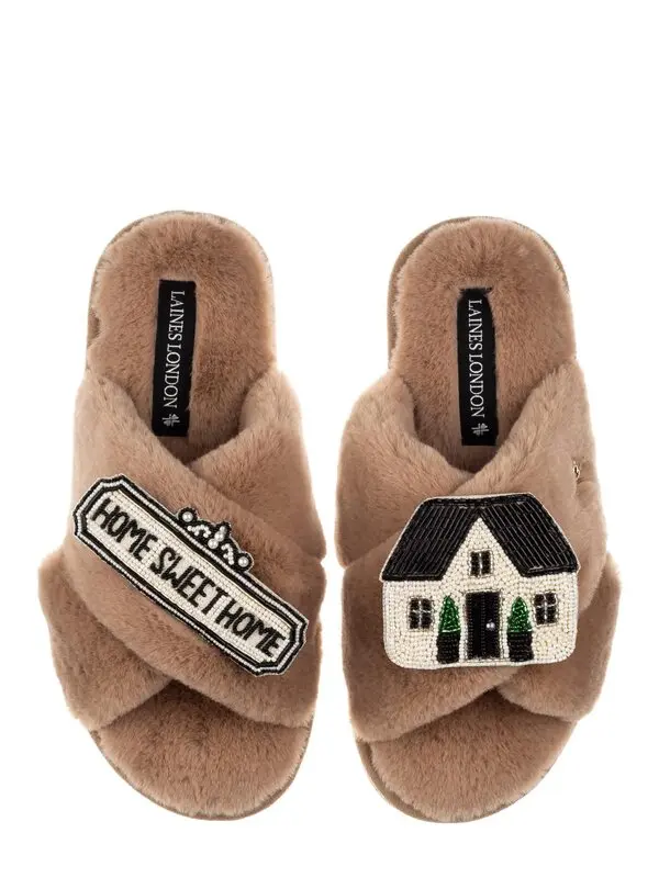 LAINES LONDON Neutrals Classic Laines Slippers With Home Sweet Home Brooches Toffee - Brown