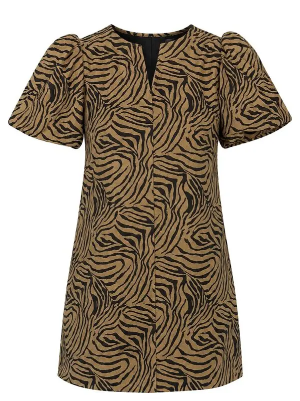 GIRL IN MIND Kiri Zebra Puff Sleeve Mini Dress Khaki - Brown