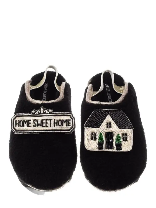 LAINES LONDON Flatform Cloud Slippers With Home Sweet Home Brooches - Black