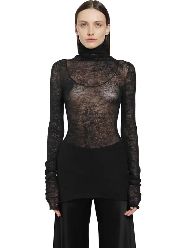 YEHUAFAN After-washed Cashmer Long Sleeve Top - Black