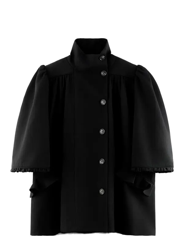 Arakii Pleated Frill Wool Trench Coat - Black