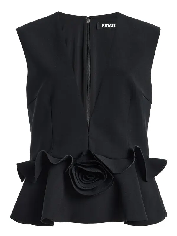 ROTATE BY BIRGER CHRISTENSEN Flower V-neck Crepe Top - Black