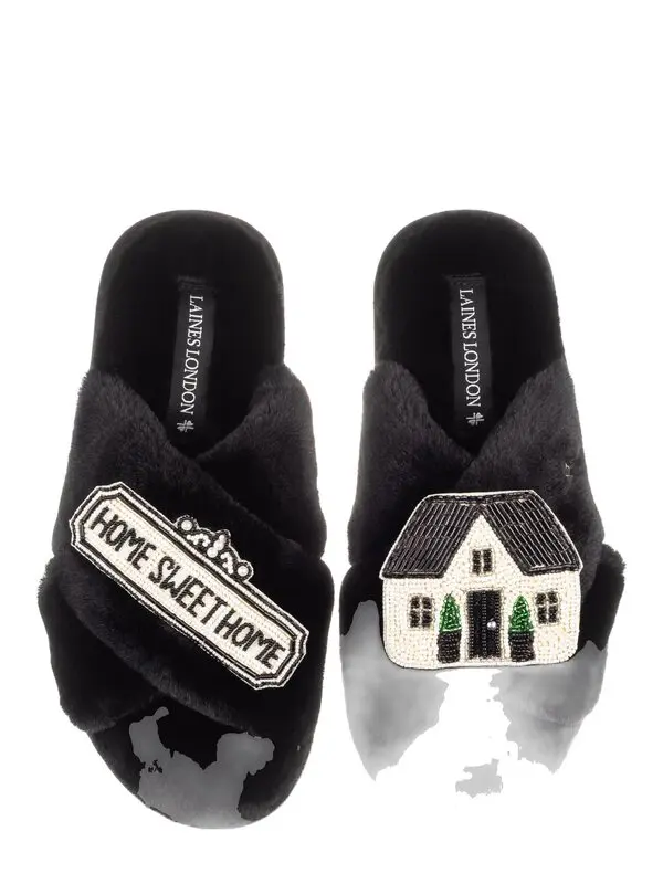 LAINES LONDON Classic Laines Slippers With Home Sweet Home Brooches - Black