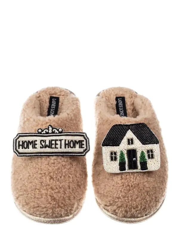 LAINES LONDON Neutrals Teddy Closed Toe Slippers With Home Sweet Home Brooches Toffee - Brown