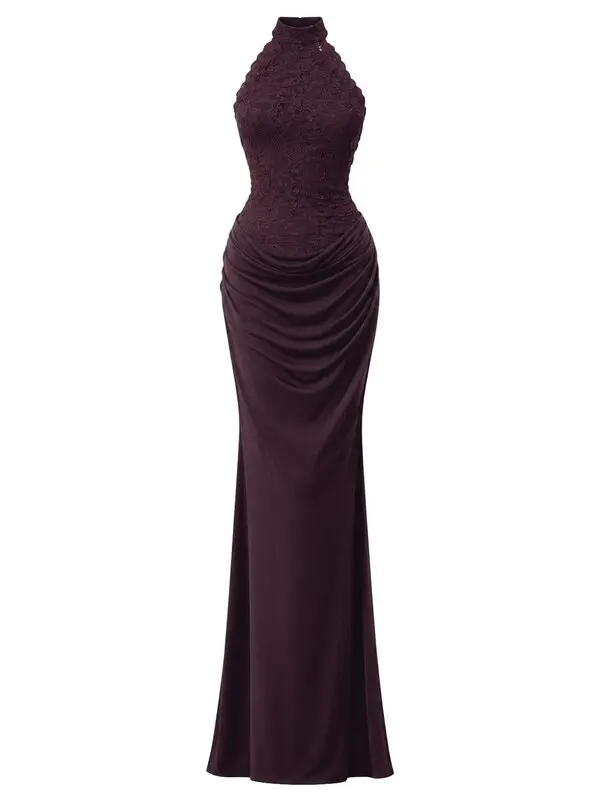 CELESTINE & MAE Aurora Draped Halterneck Lace Maxi Dress - Brown