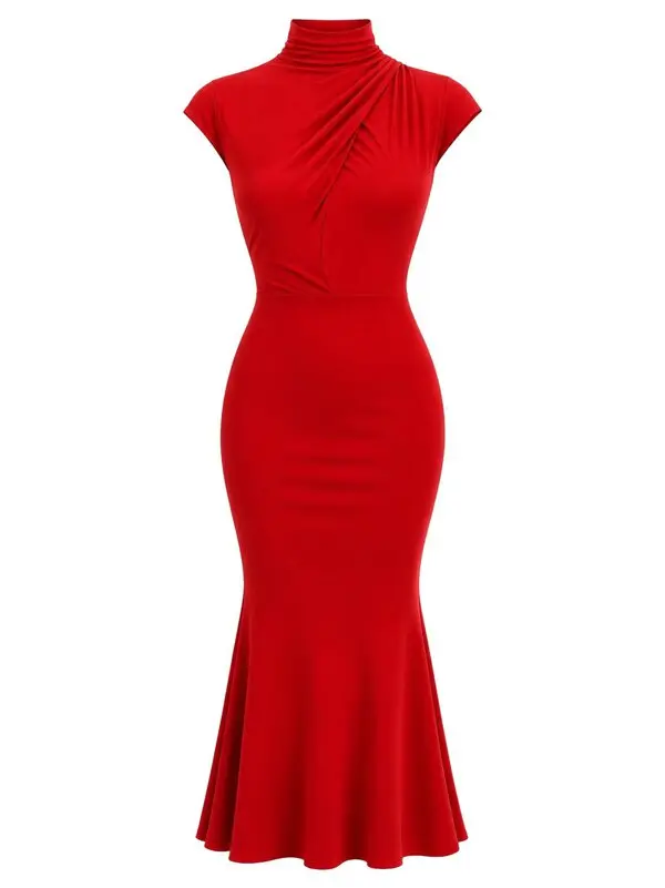 CELESTINE & MAE Adara High Neck Wrap Midi Dress - Red