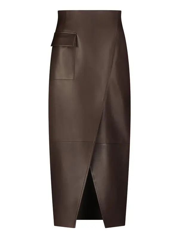 Lela Rose Leather Asymmetrical Pencil Skirt - Brown