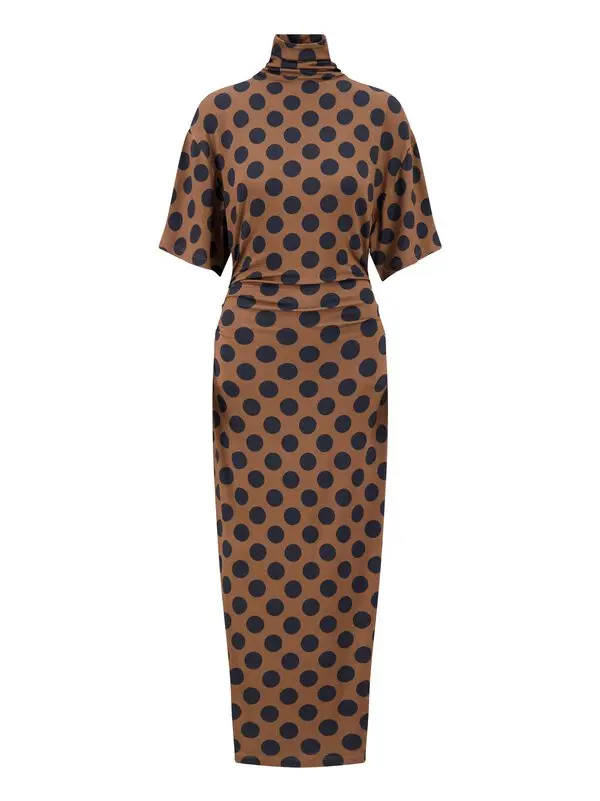 Lela Rose Polka Dot Jersey Turtleneck Dress - Brown