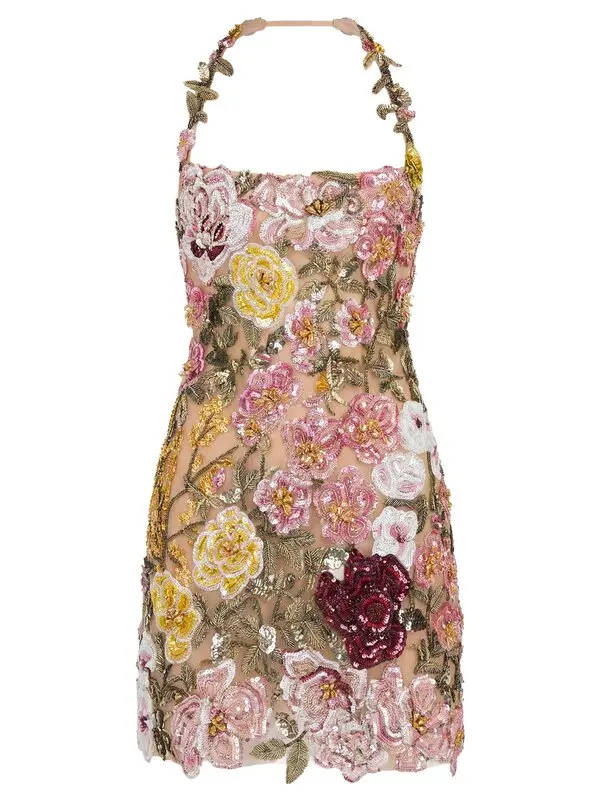 Oscar De La Renta Floral-embroidered Tulle Mini Halter Dress - Multi