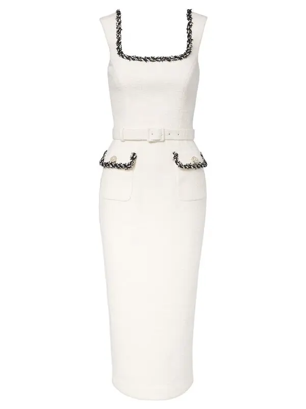 Rebecca Vallance Jacquie Belted Tweed Midi Dress - White