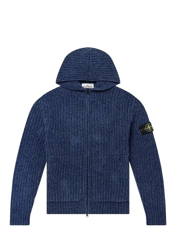 Stone Island Knitted Cotton-chenille Zip-up Hoodie - Blue