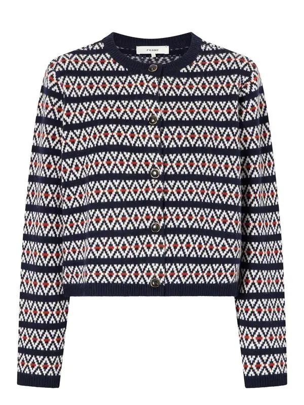 FRAME The Cashmere Cardigen Intarsia Wool And Cashmere-blend Cardigan - Navy