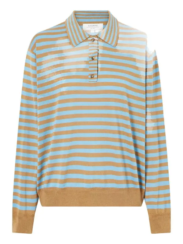 LA LIGNE Ben Striped Silk, Wool And Cashmere-blend Polo Sweater - Blue