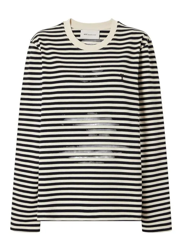 AMI Paris Logo-embroidered Striped Cotton-jersey T-shirt - Black