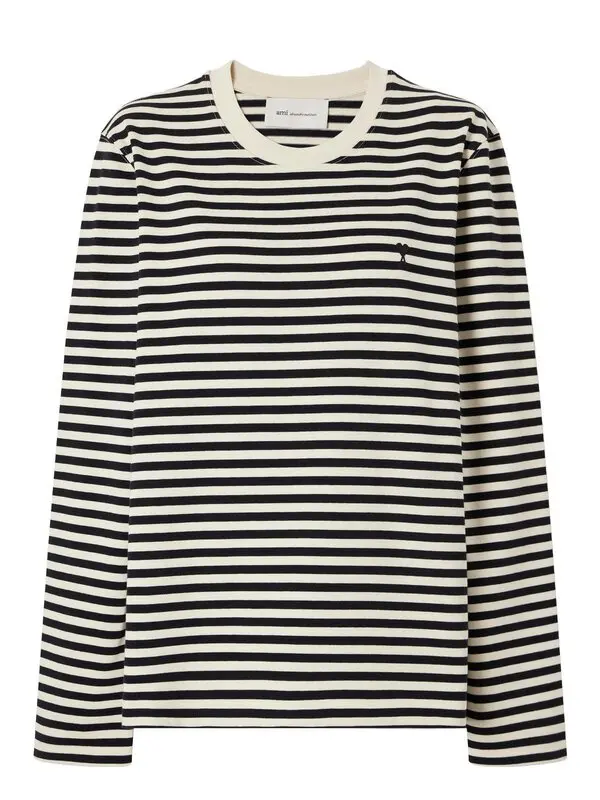 AMI Paris Logo-embroidered Striped Cotton-jersey T-shirt - Black