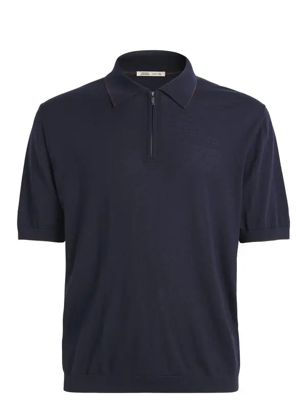 MAURIZIO BALDASSARI Virgin Wool Zip-up Polo Shirt - Navy