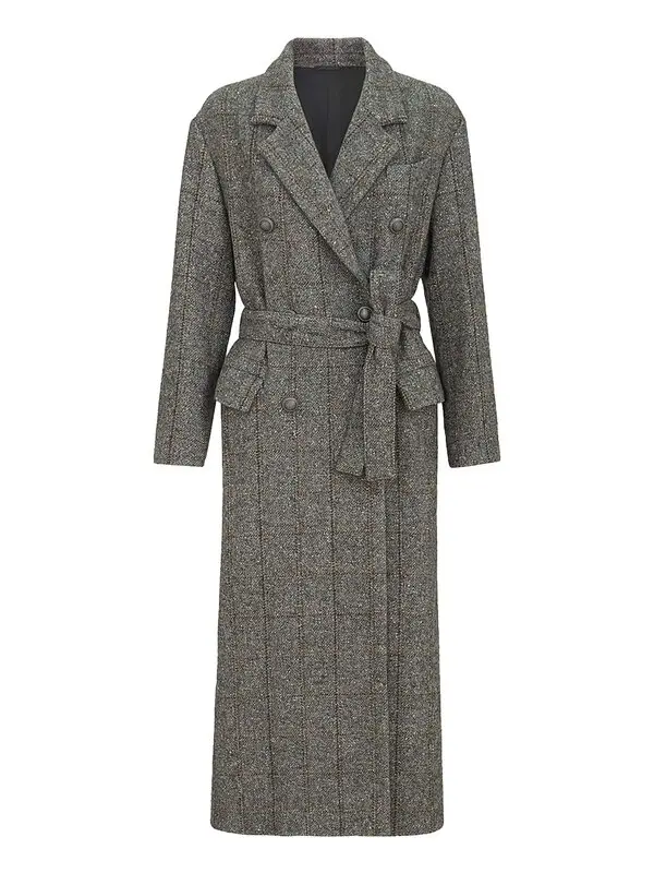 Brunello Cucinelli Wool Tweed Check Trench Coat - Grey