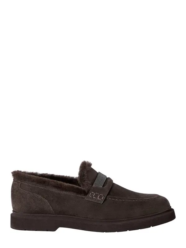 Brunello Cucinelli Suede-shearling Penny Loafers - Grey