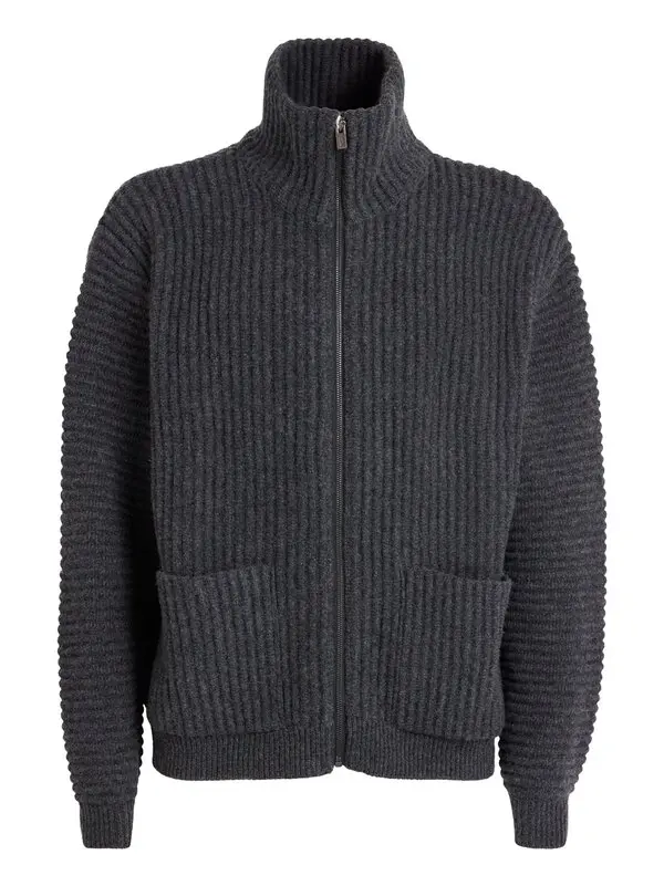 LE17SEPTEMBRE Merino Wool-blend Ribbed High-neck Cardigan - Grey